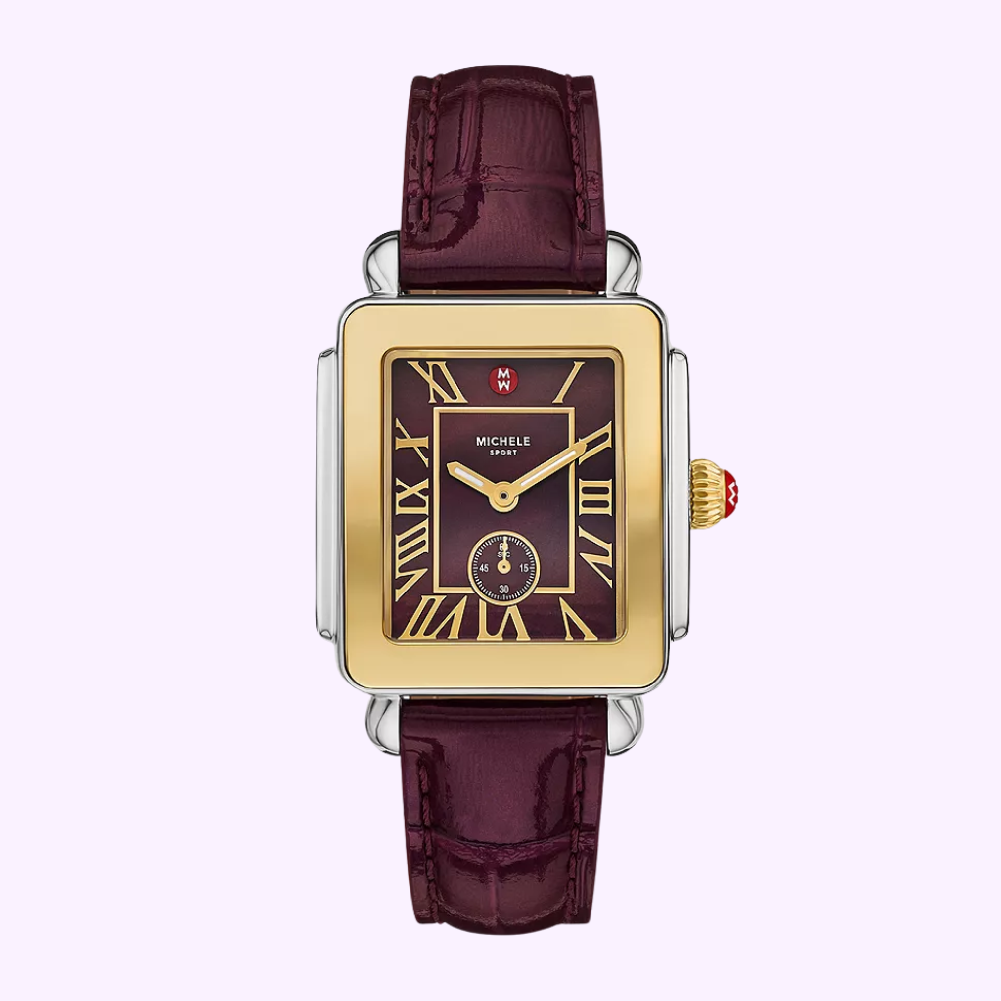 Michele Watches Deco Sport Mid Gold-Plated Dark Cherry Leather Watch M ...
